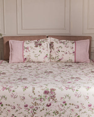 Faded Rose Duck Cotton Floral Herringbone Bed Cover - Lavender